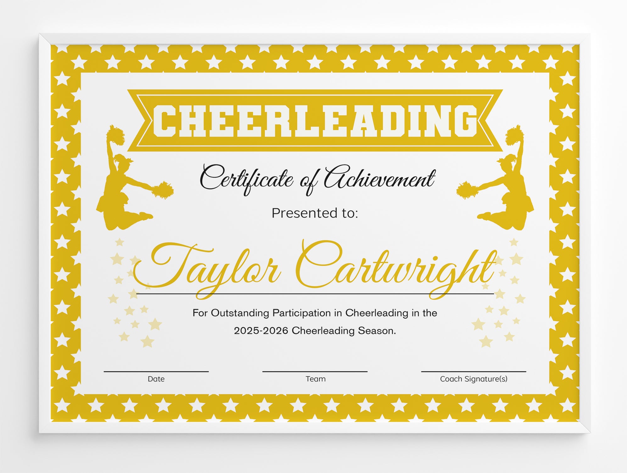 DIY Cheerleading Certificates Yellow, Cheerleader Certificate, Editabl ...