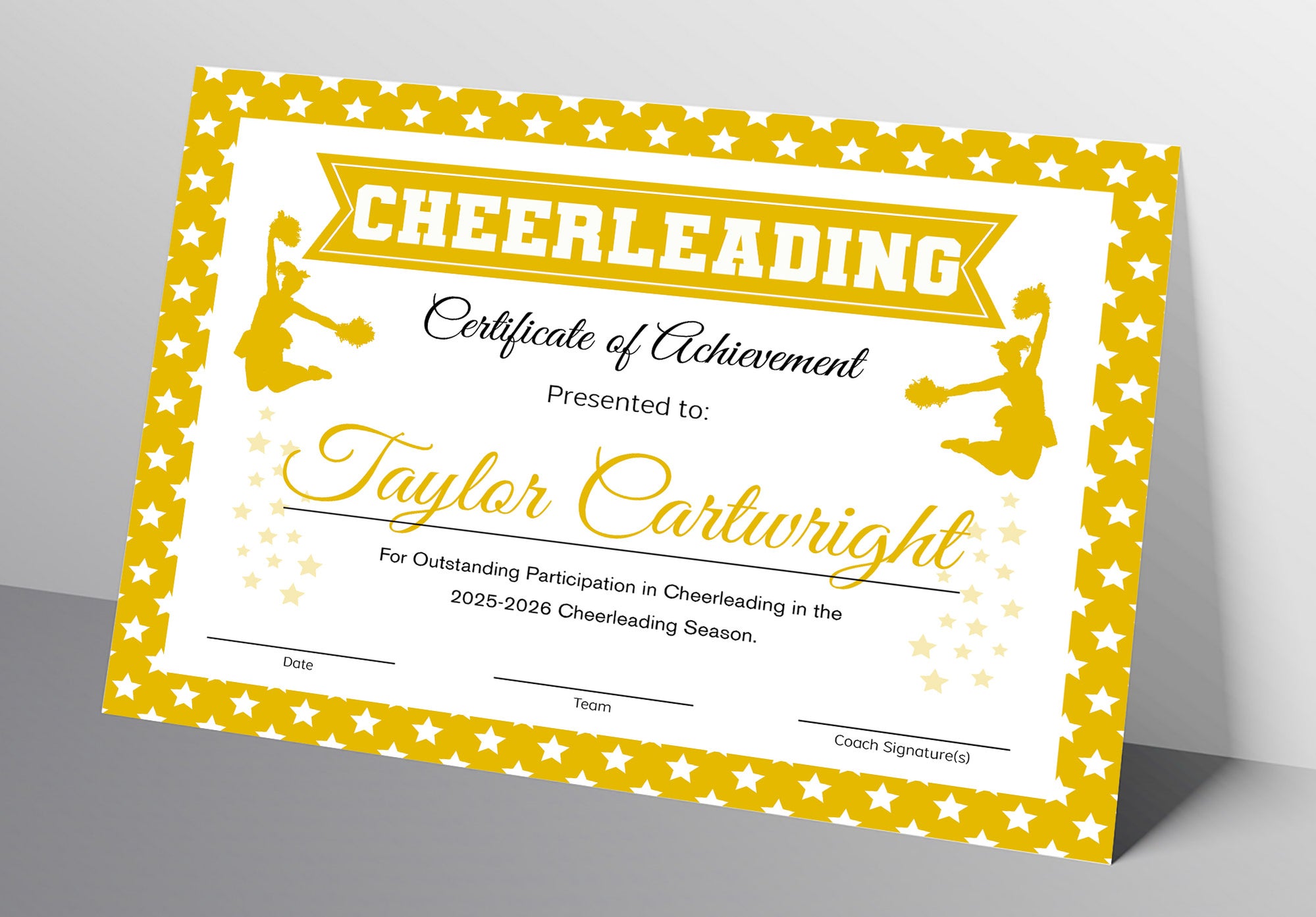 DIY Cheerleading Certificates Yellow, Cheerleader Certificate, Editabl ...