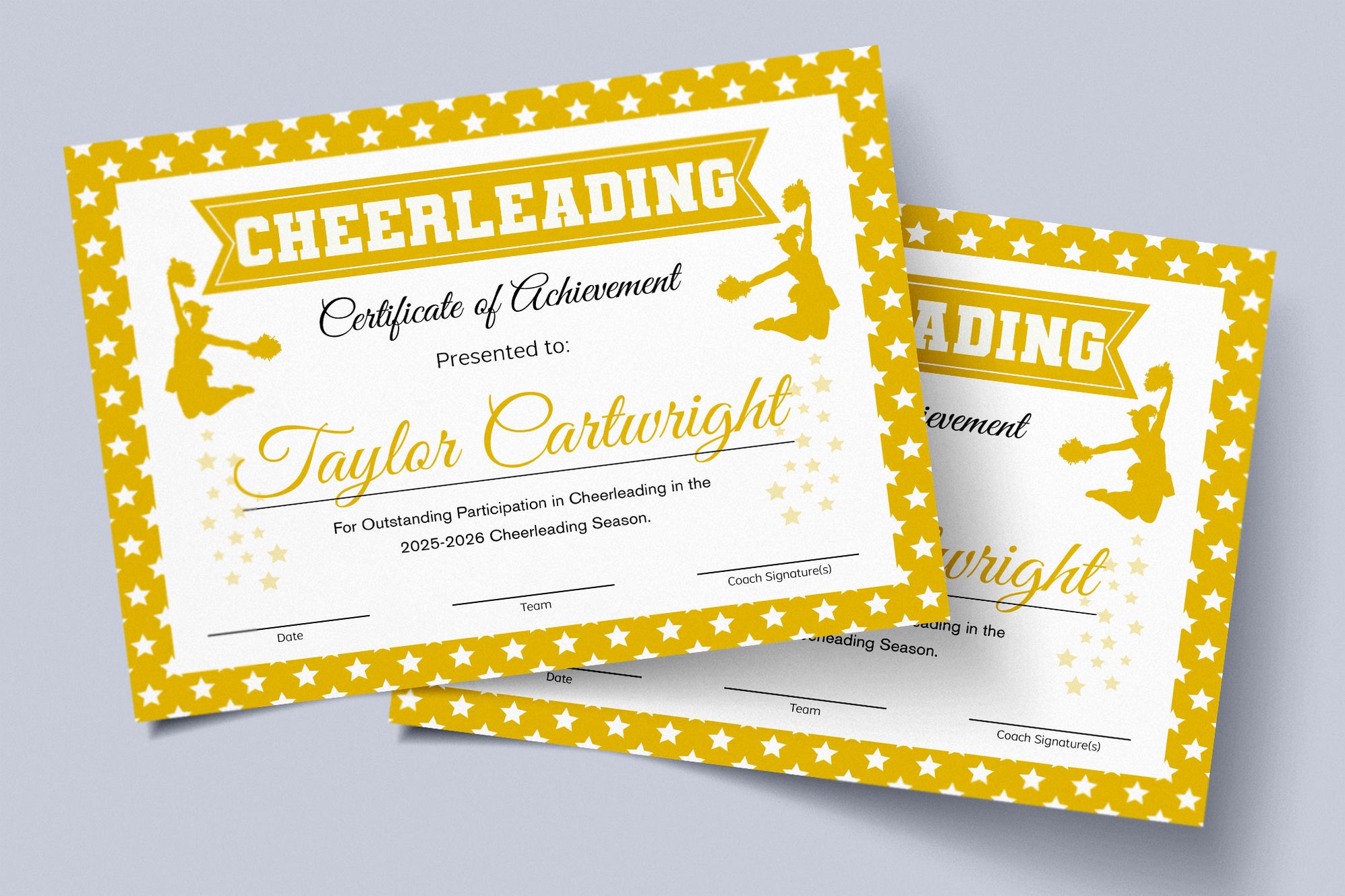 DIY Cheerleading Certificates Yellow, Cheerleader Certificate, Editabl ...
