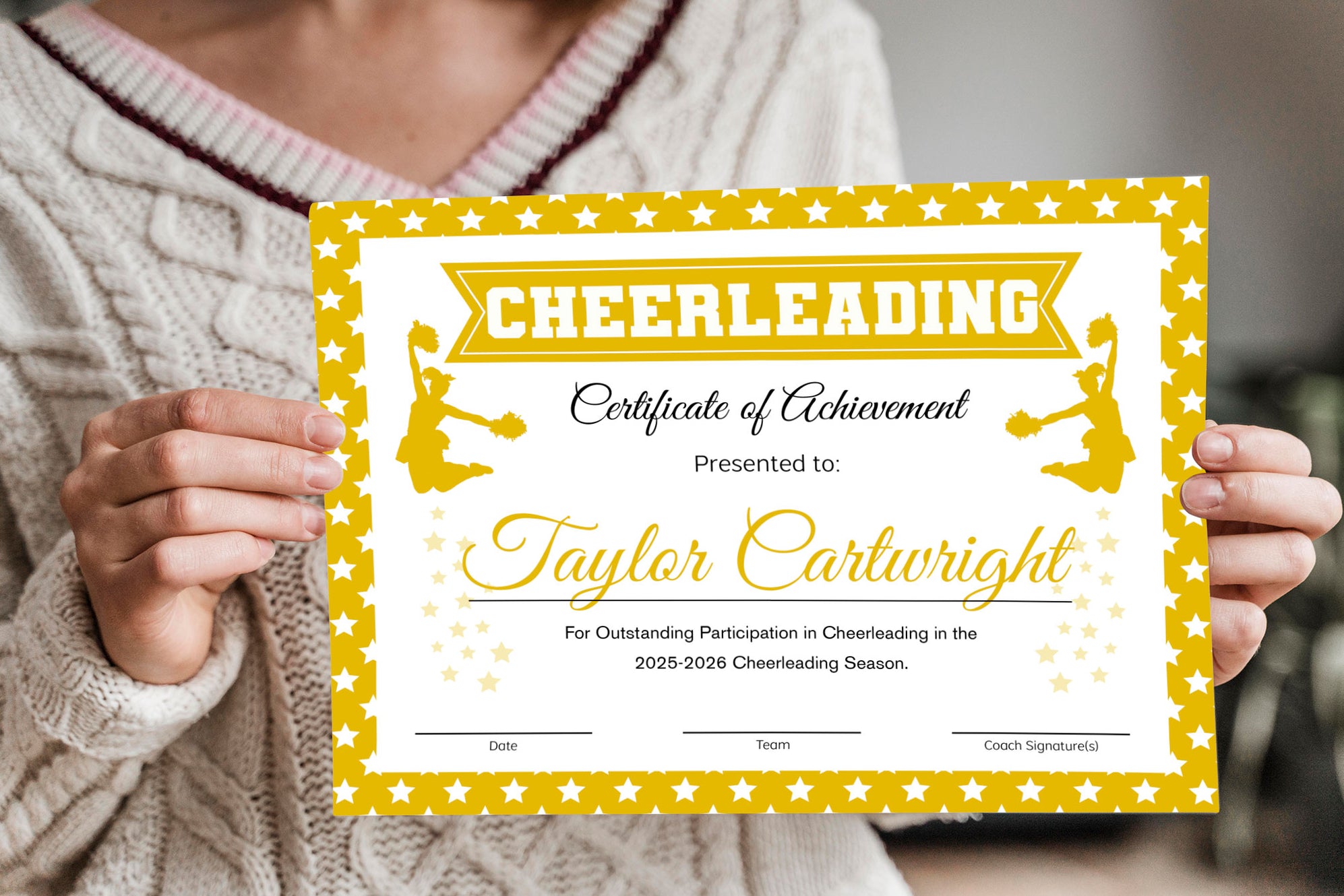 DIY Cheerleading Certificates Yellow, Cheerleader Certificate, Editabl ...