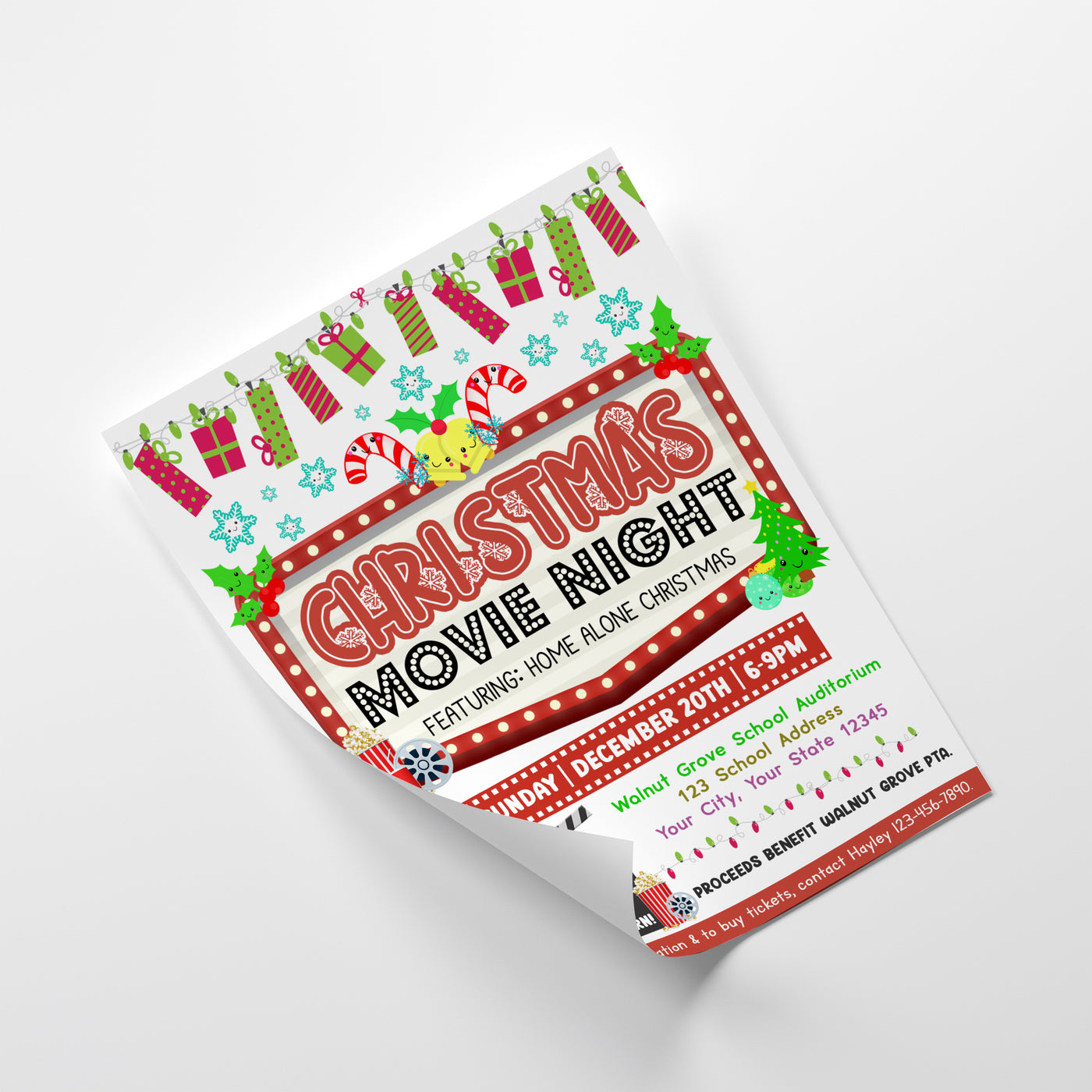Editable Christmas Movie Night Flyer Template, Custom Digital Cinema P ...