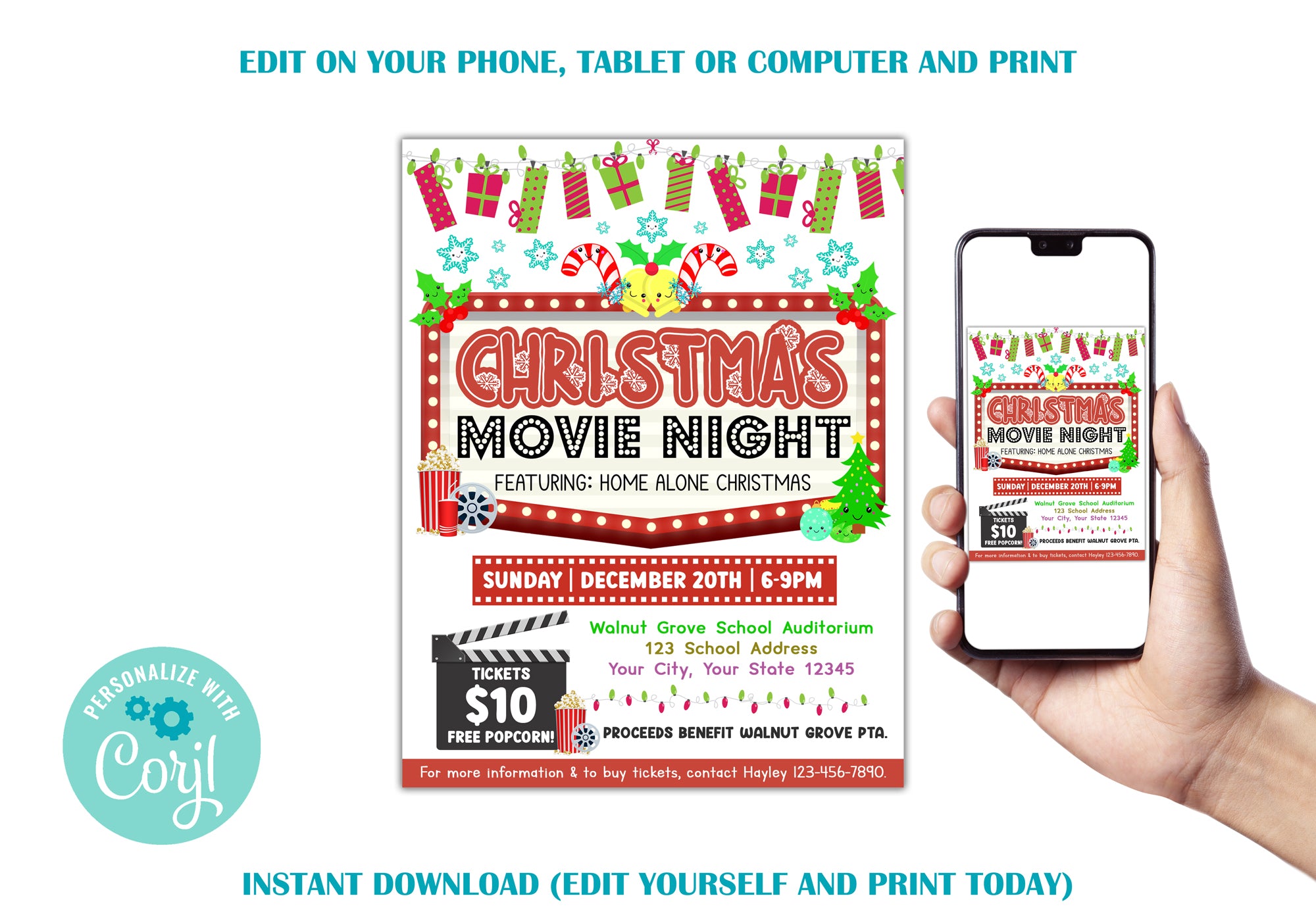 Editable Christmas Movie Night Flyer Template, Custom Digital Cinema P ...