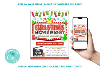 Editable Christmas Movie Night Flyer Template, Custom Digital Cinema P ...