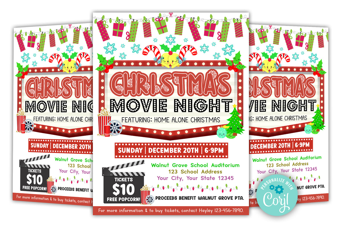 Editable Christmas Movie Night Flyer Template, Custom Digital Cinema P ...