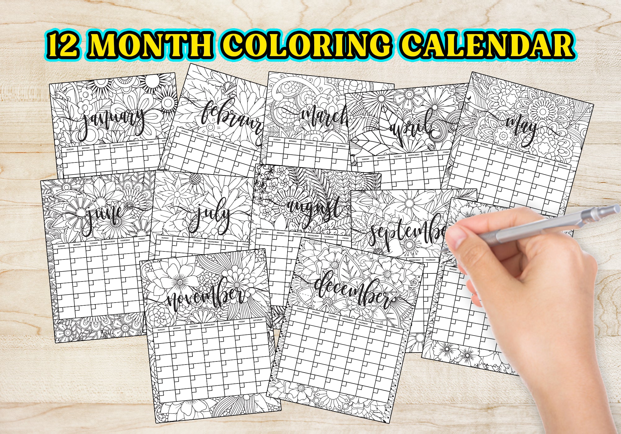 Printable 12 Month Adult Coloring Calendar Floral Pattern - Posh Park