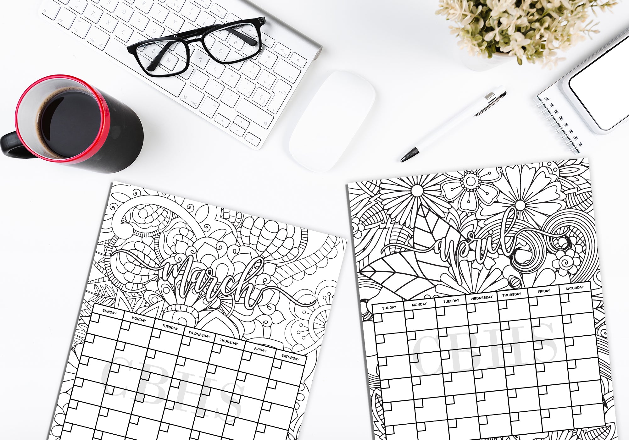 PDF 12 Month Adult Doodle Coloring Pages Yearly Calendar — Posh Park