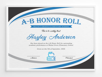 DIY Blue and Black AB Honor Roll Certificate | School Achievement Award ...