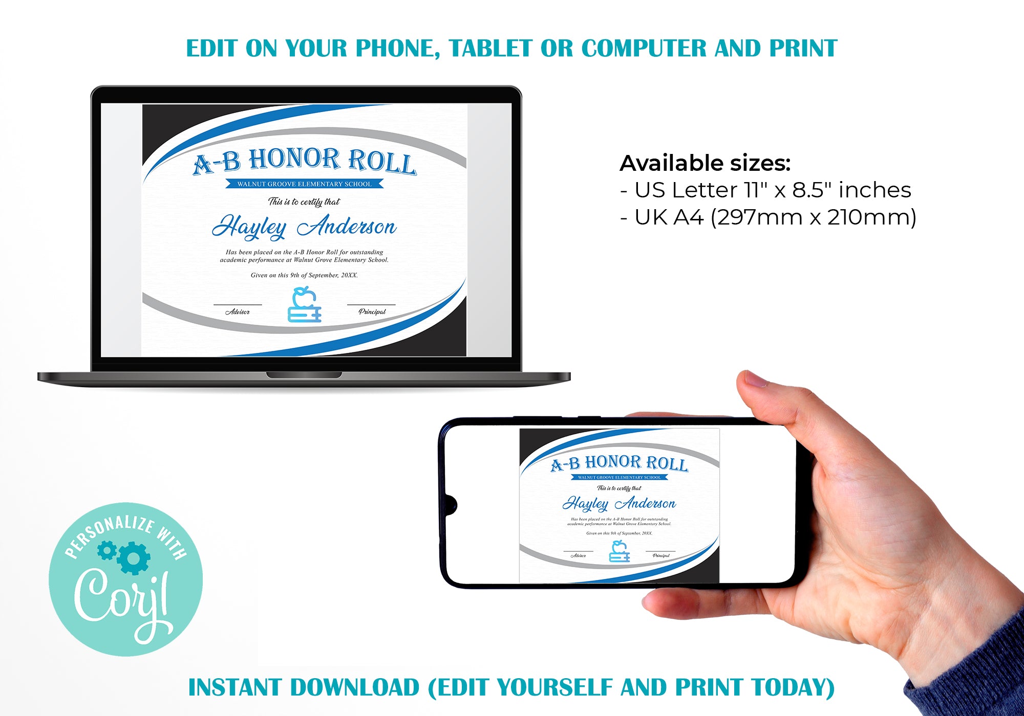 DIY Blue and Black AB Honor Roll Certificate | School Achievement Award ...