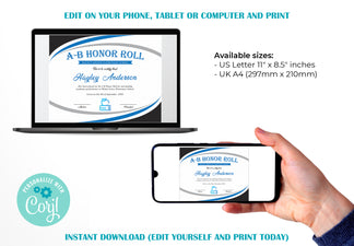 DIY Blue and Black AB Honor Roll Certificate | School Achievement Award ...