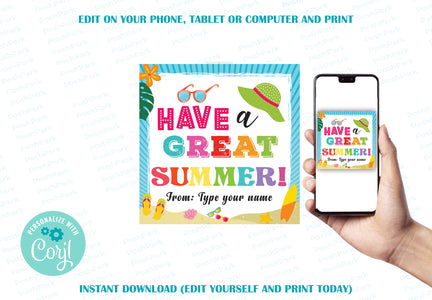 Editable Have a Great Summer Gift Tag, End of Year reat Bag Topper Wit ...