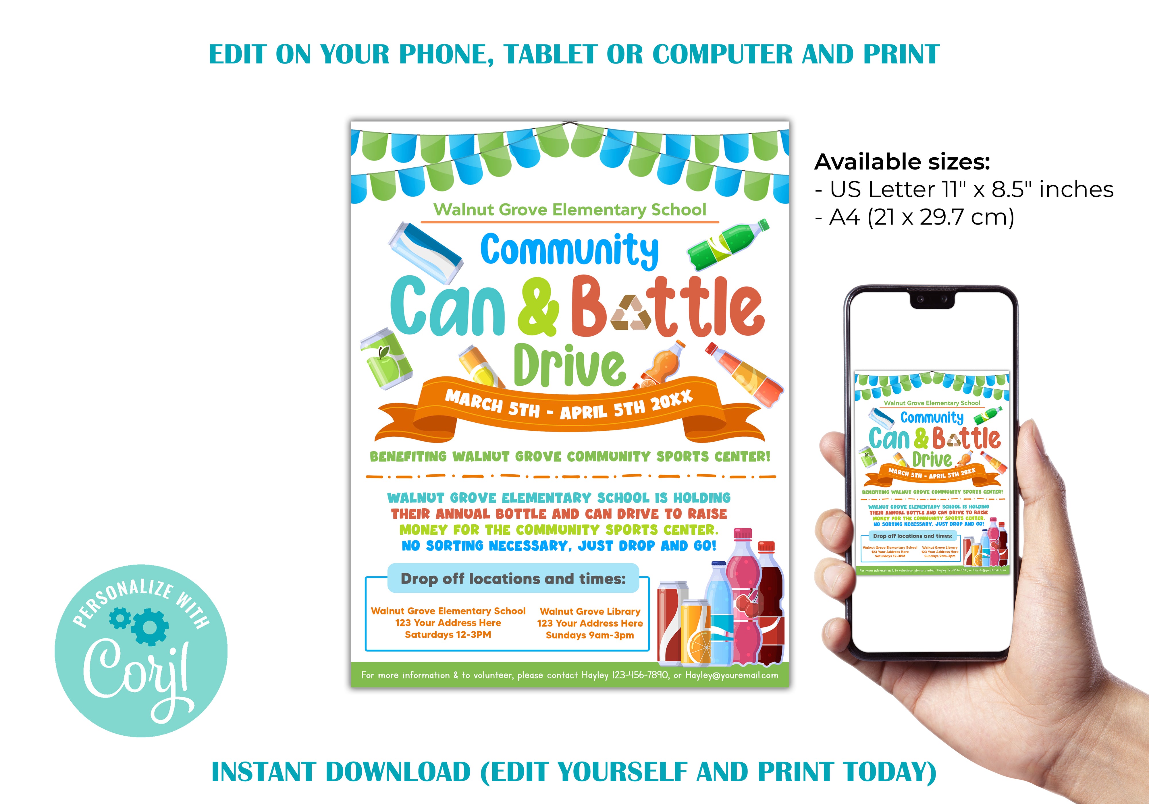 DIY Customizable Can and Bottle Drive Flyer | Recycling Fundraiser ...