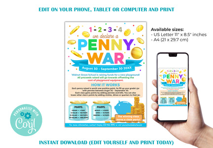 DIY Customizable Penny War Fundraiser Flyer | Fundraising Event ...