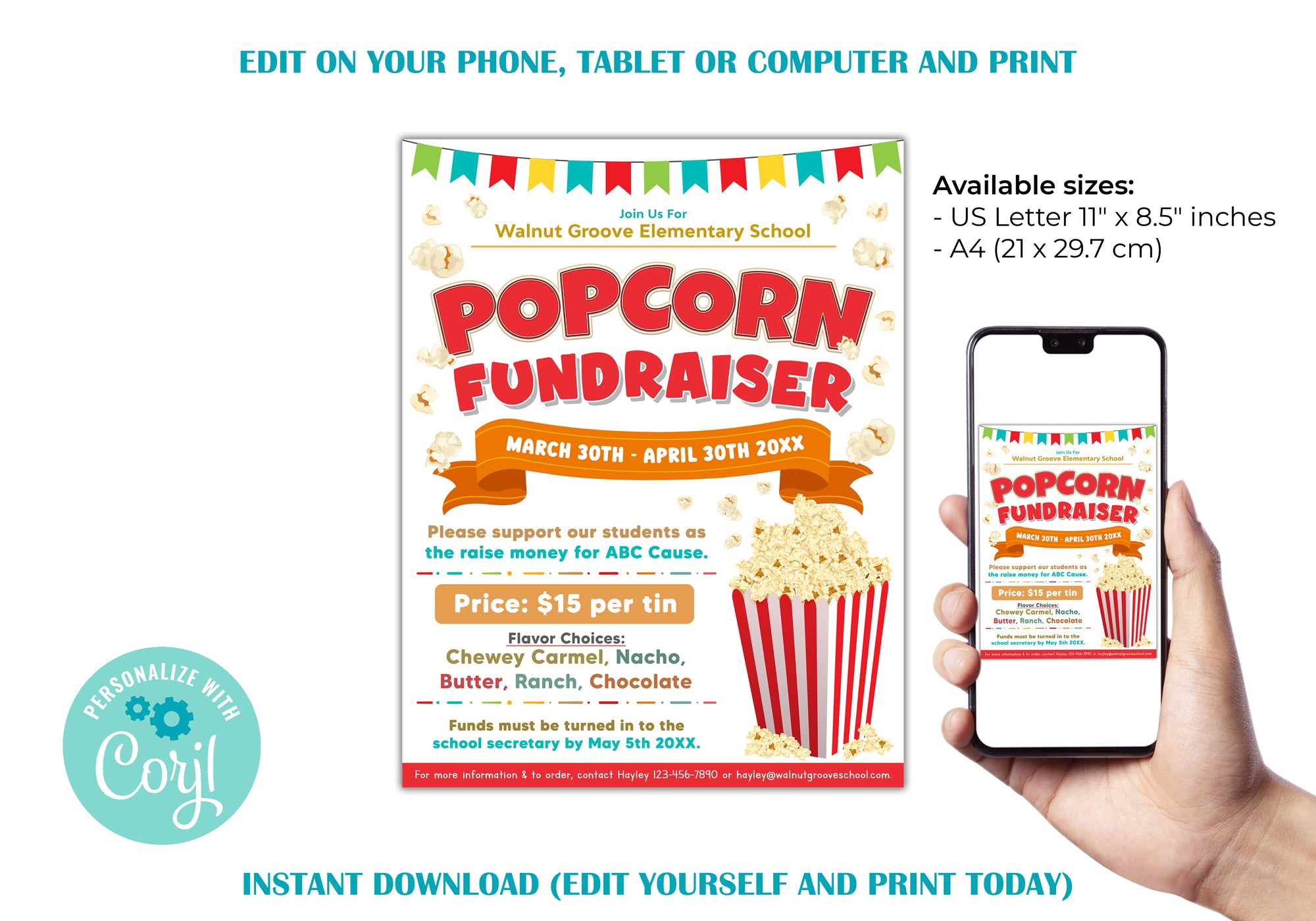 Editable Popcorn Fundraiser Invite Flyer Template - Posh Park