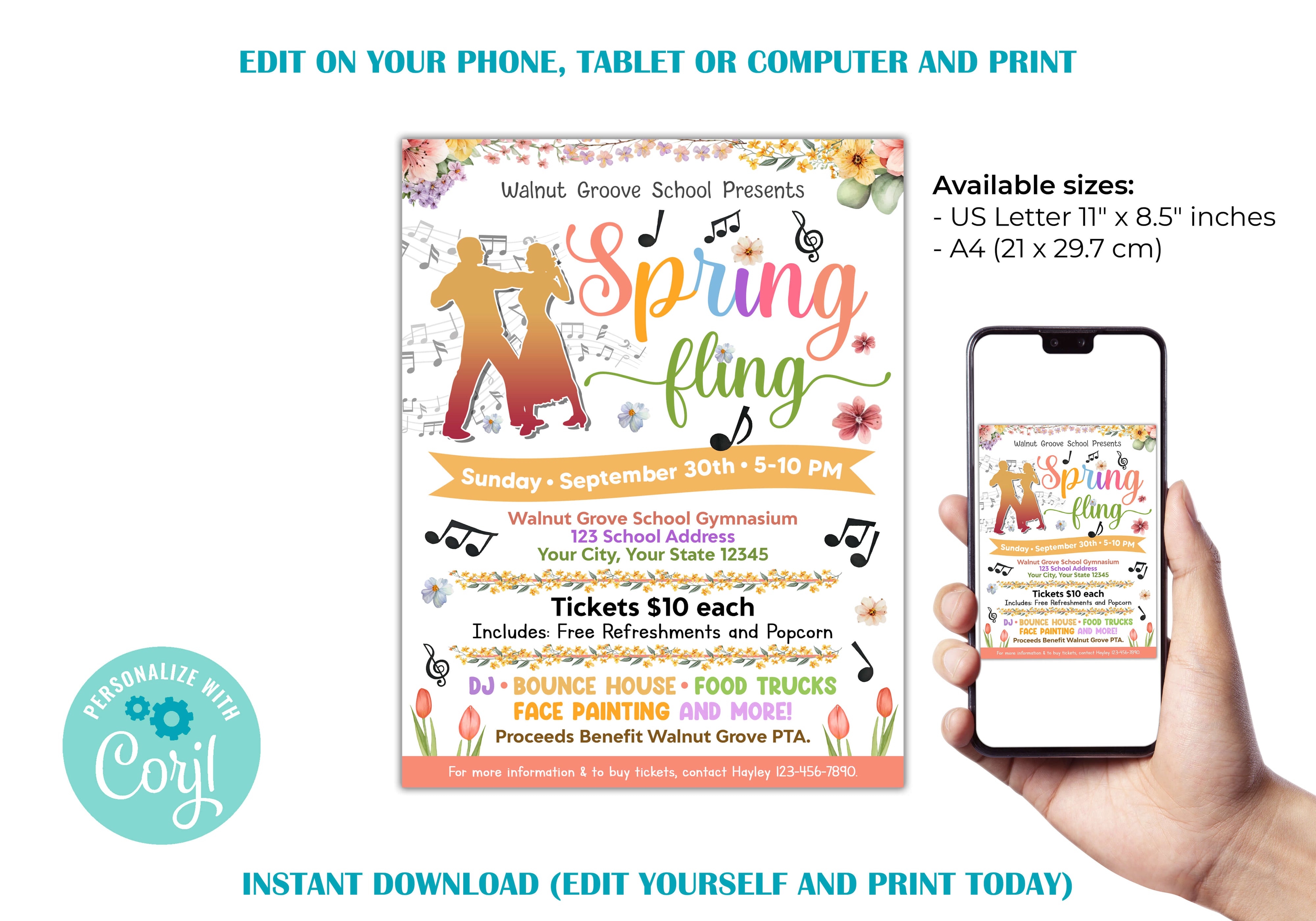 DIY Spring Fling Flyer Template | PTO PTA School Dance Party Fundraiser ...