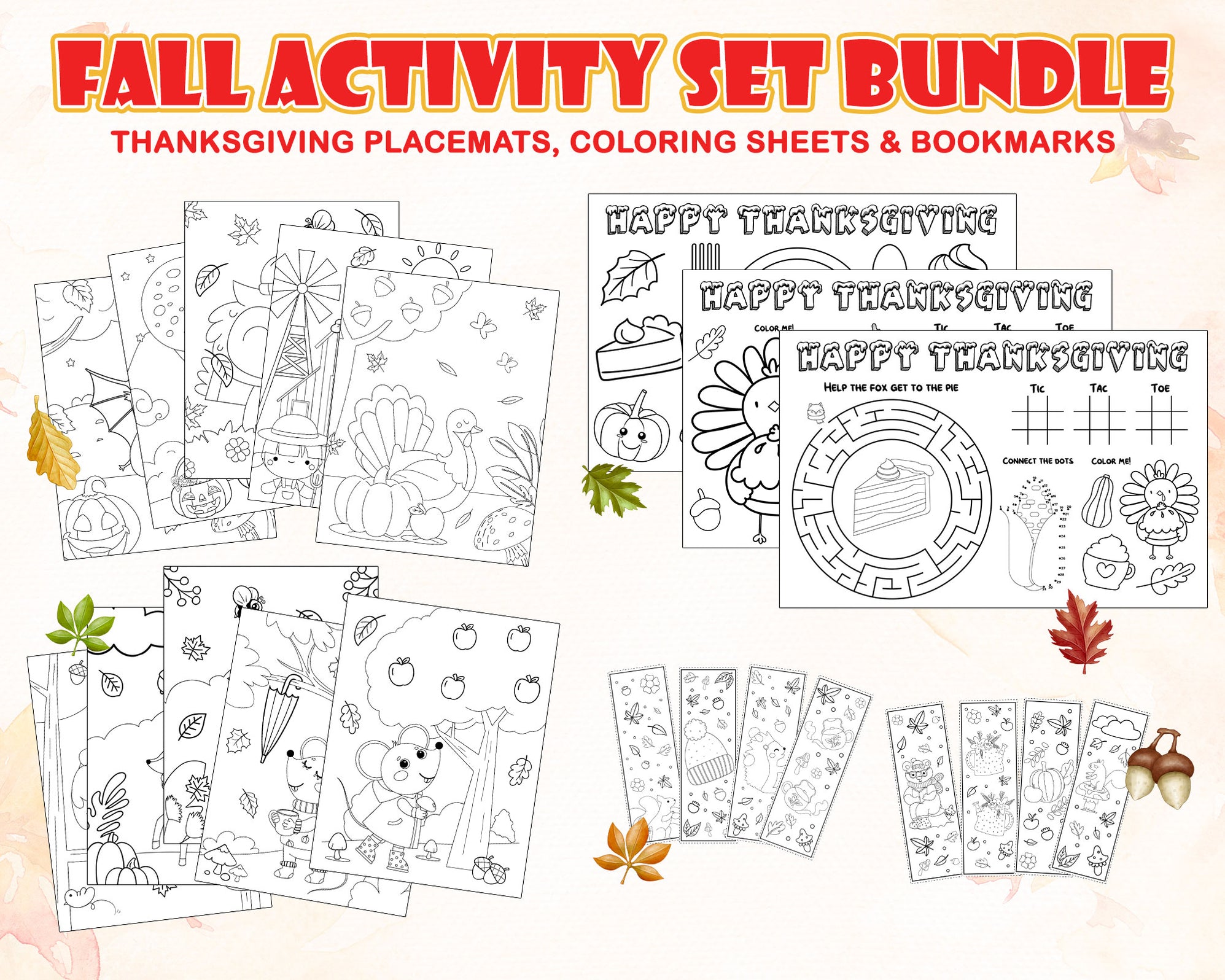 Printable Fall Activity Pages for Kids Bundle, PDF Thanksgiving Activi ...