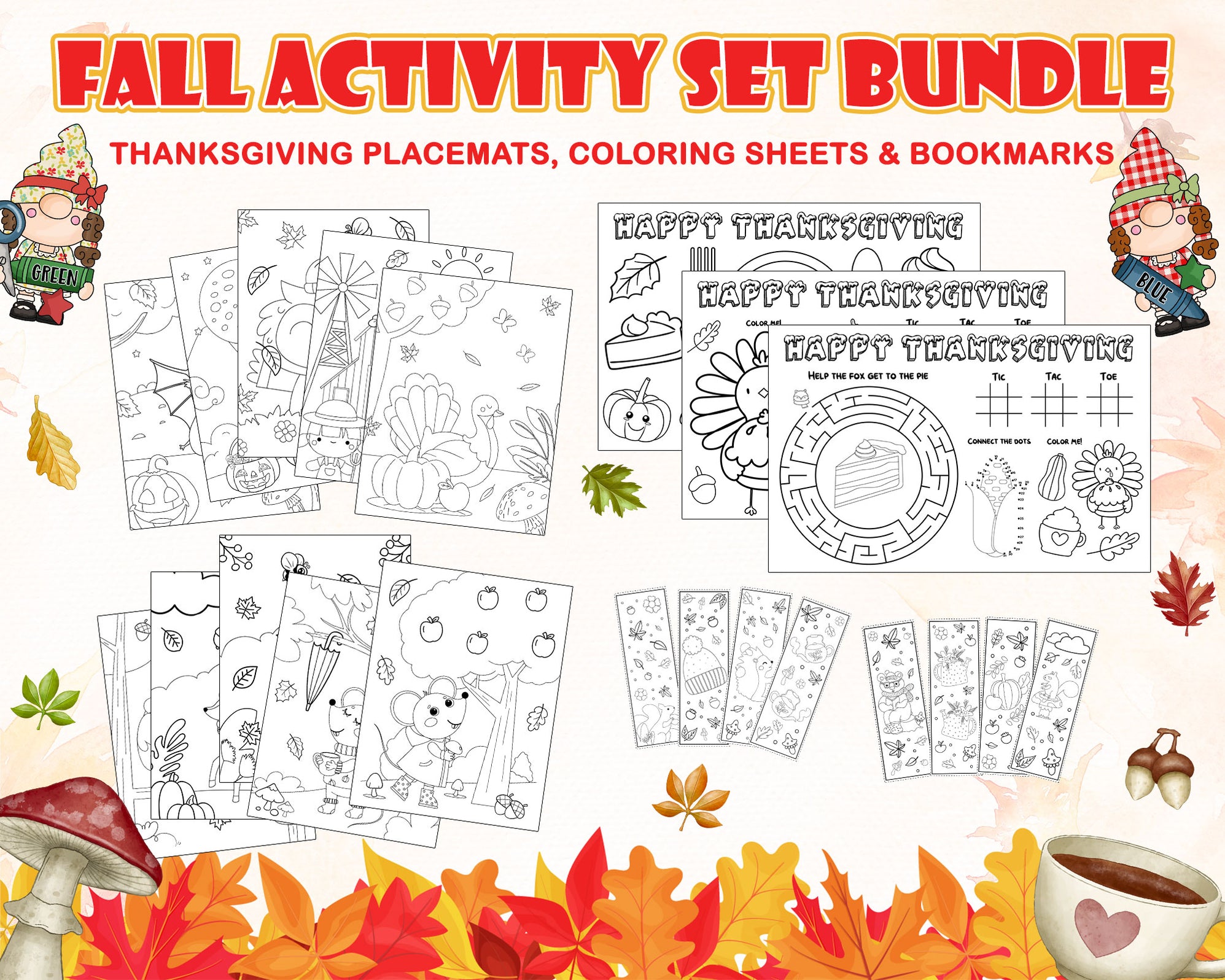 Printable Fall Activity Pages for Kids Bundle, PDF Thanksgiving Activi ...