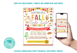 Fall Bake Sale Flyer, Editable Community Fundraiser Invite, Fall Churc ...