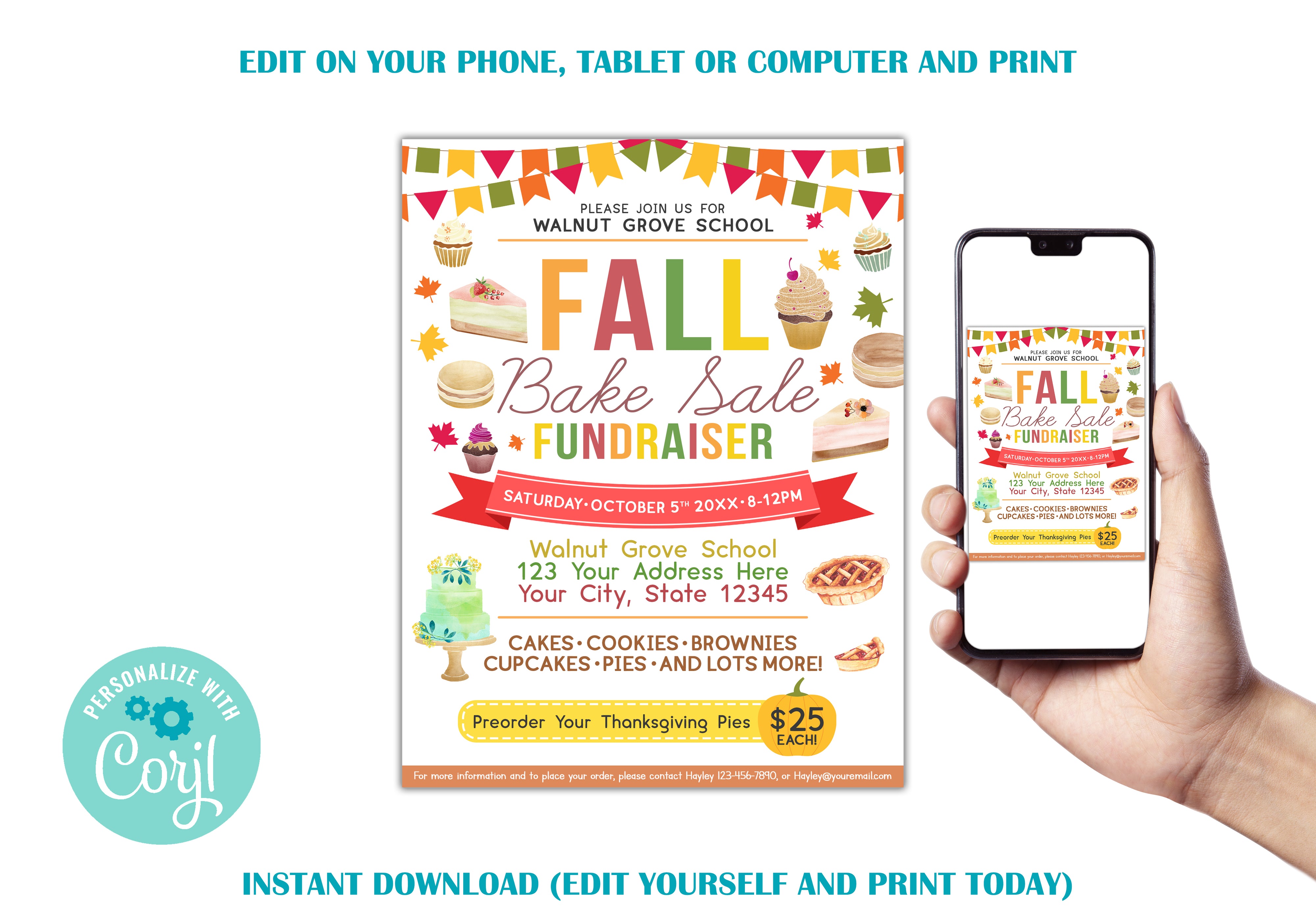 Fall Bake Sale Flyer, Editable Community Fundraiser Invite, Fall Churc ...