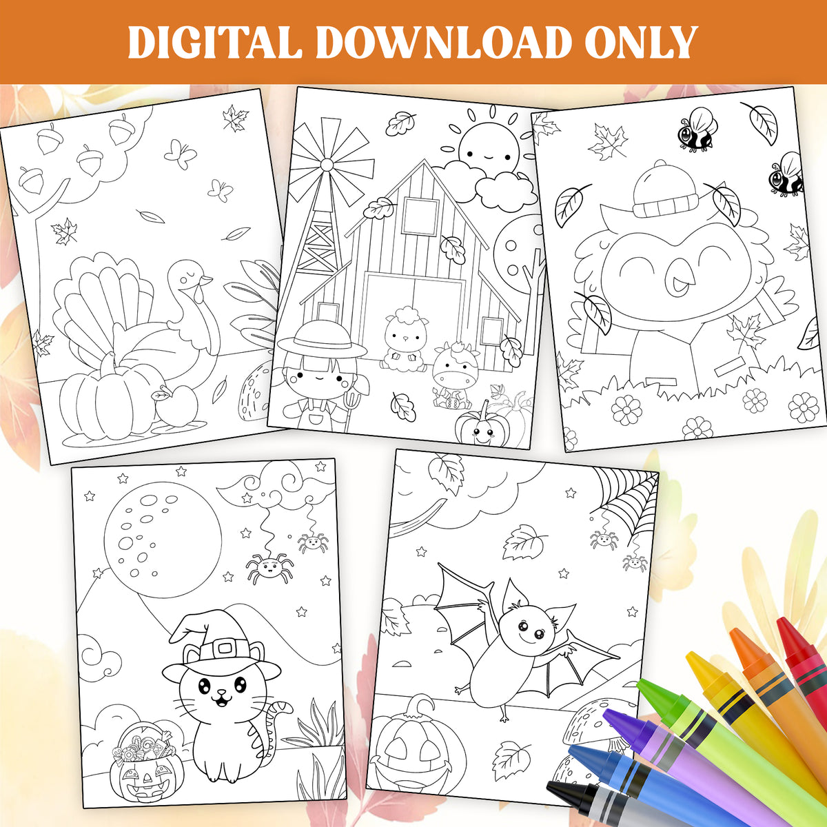Printable Fall Coloring Pages, PDF Thanksgiving and Halloween Coloring ...