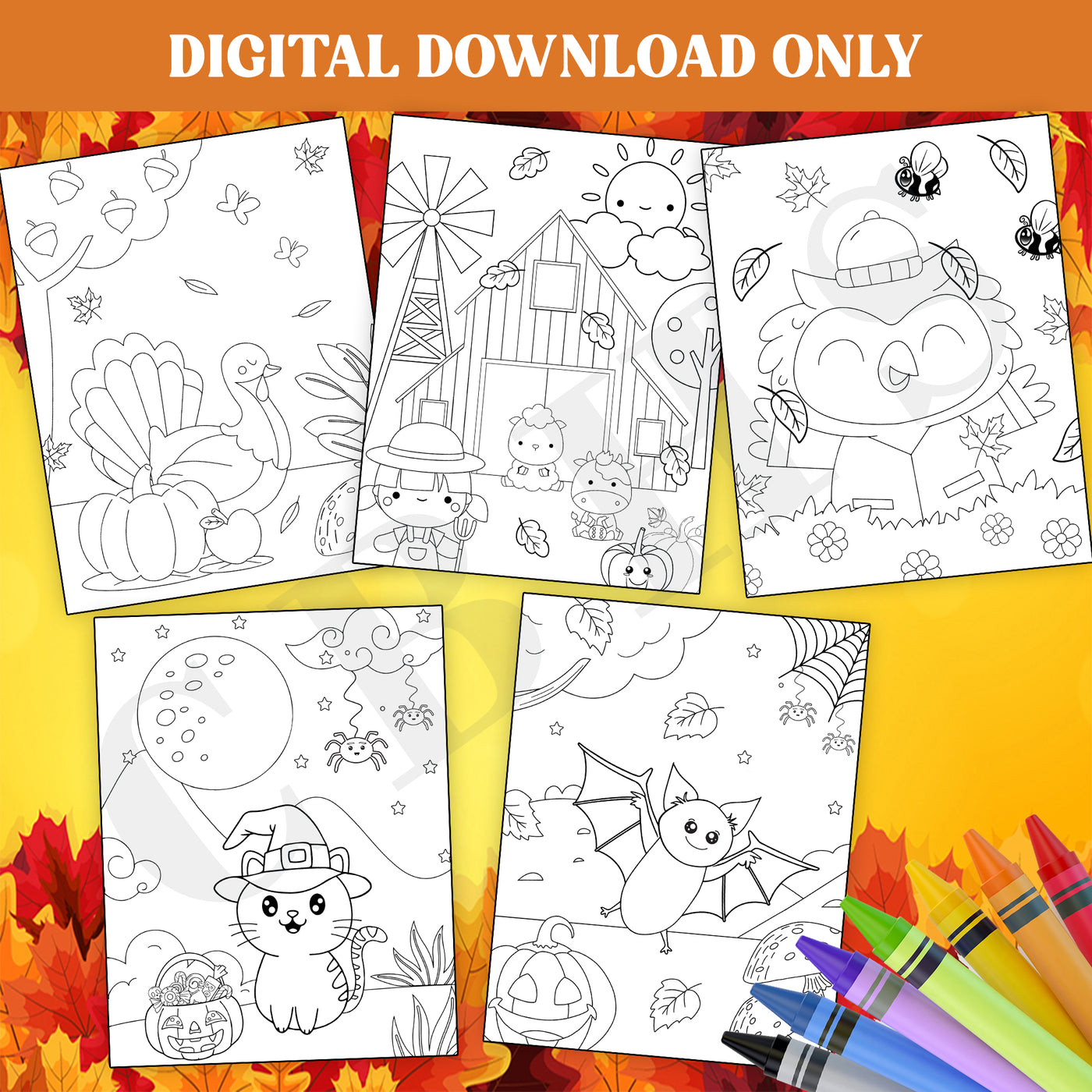 Printable Autumn Coloring Book Bundle, PDF Autumn Fall Thanksgiving Co ...