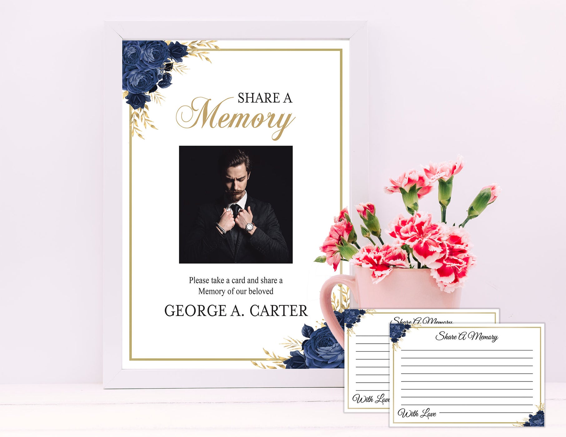 Editable 9+ Piece Navy Blue Rose Funeral Program Template with Picture ...