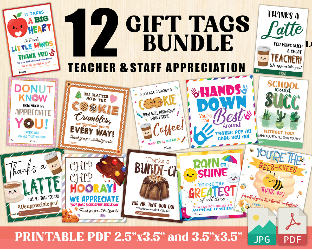 Set of 12 Printable PDF Teacher Thank You Appreciation Gift Tags Bundl ...
