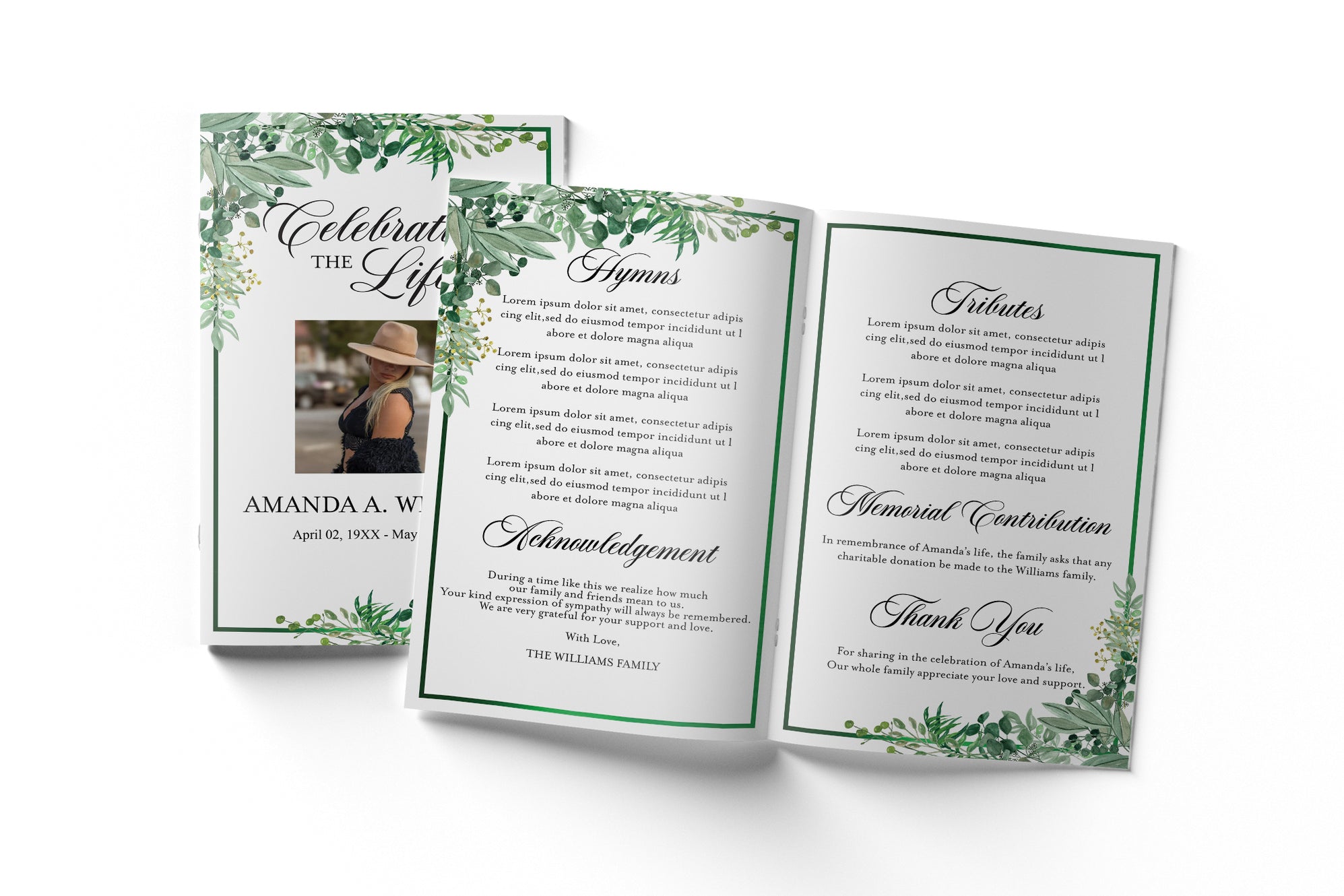 Editable 8 Page Greenery Funeral Program Template — Posh Park