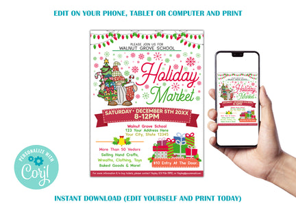 DIY Editable Holiday Market Flyer, Custom Christmas Party Invite, Chur ...