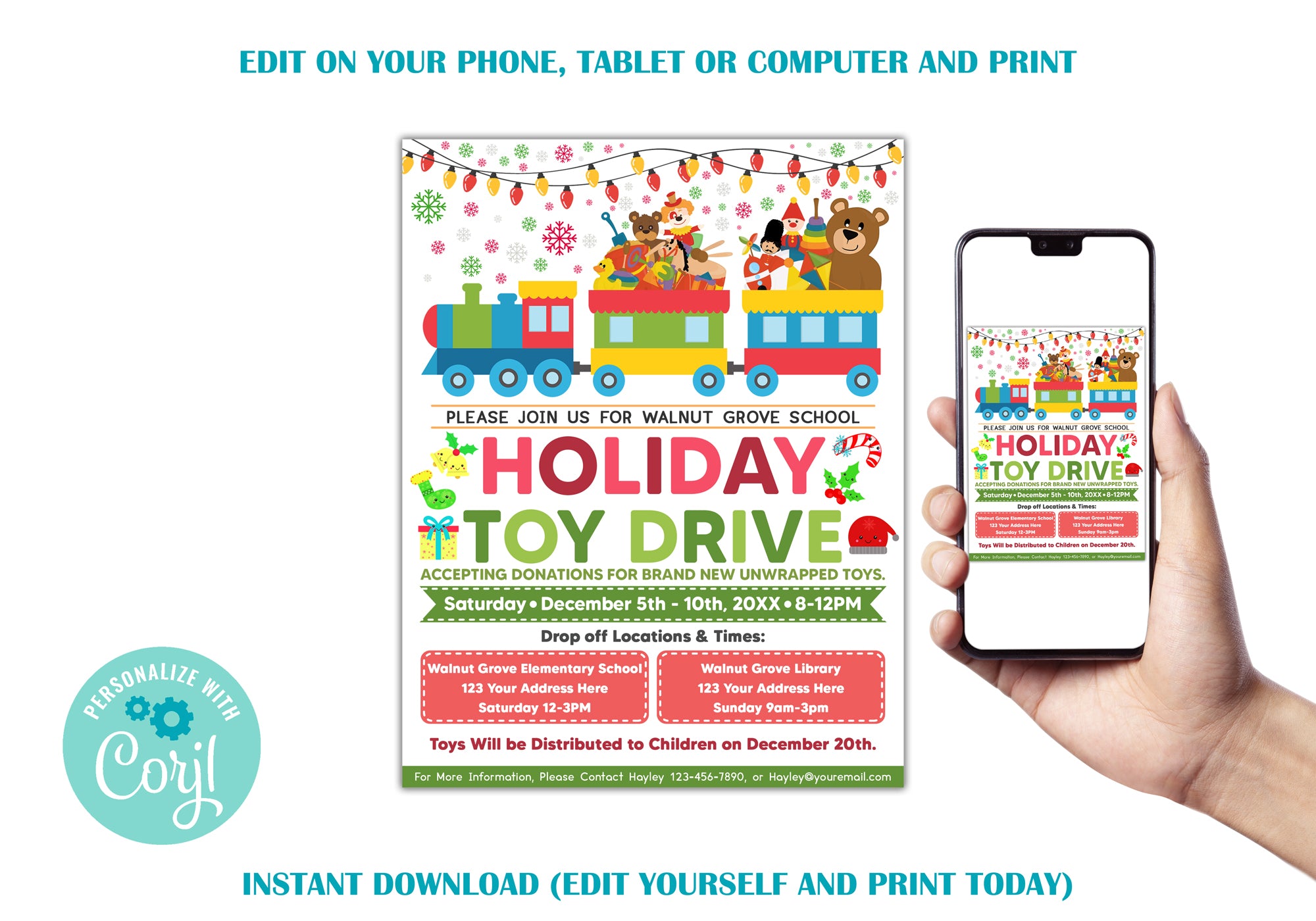 Custom Holiday Toy Drive Flyer, Editable Pto Pta Charity Invite, Chris ...