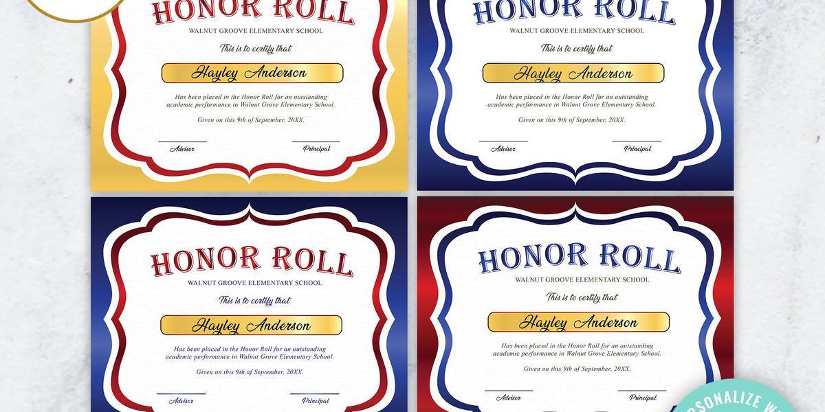 DIY Editable Honor Roll Award Certificate Set of 4 Bundle, Custom Stud ...