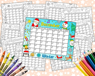 12 Month Kawaii Coloring Calendar for Kids, PDF Cute Kawaii Calendar t ...