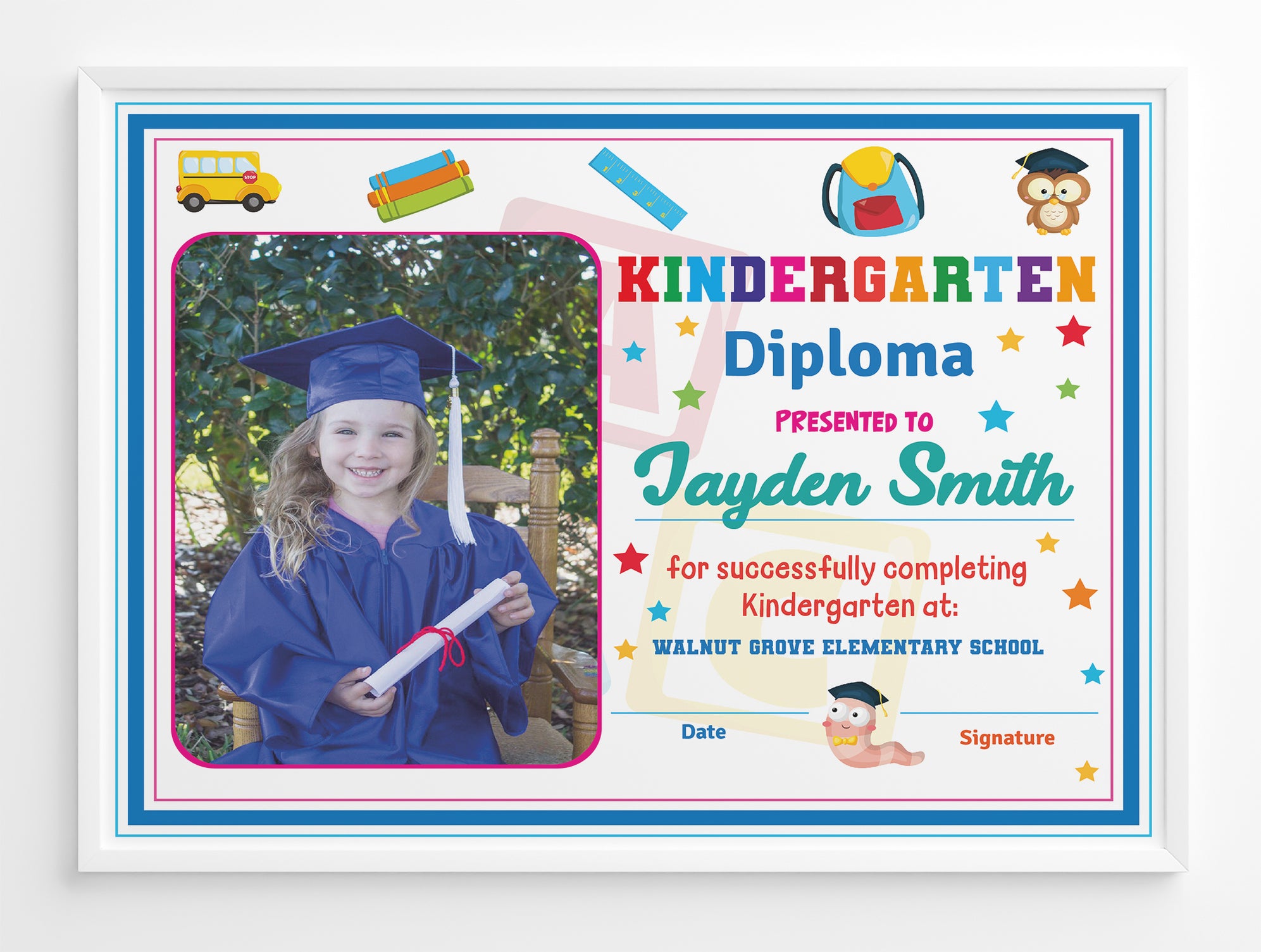 Kindergarten Diploma with Photo Template, Editable Kindergarten Gradua ...