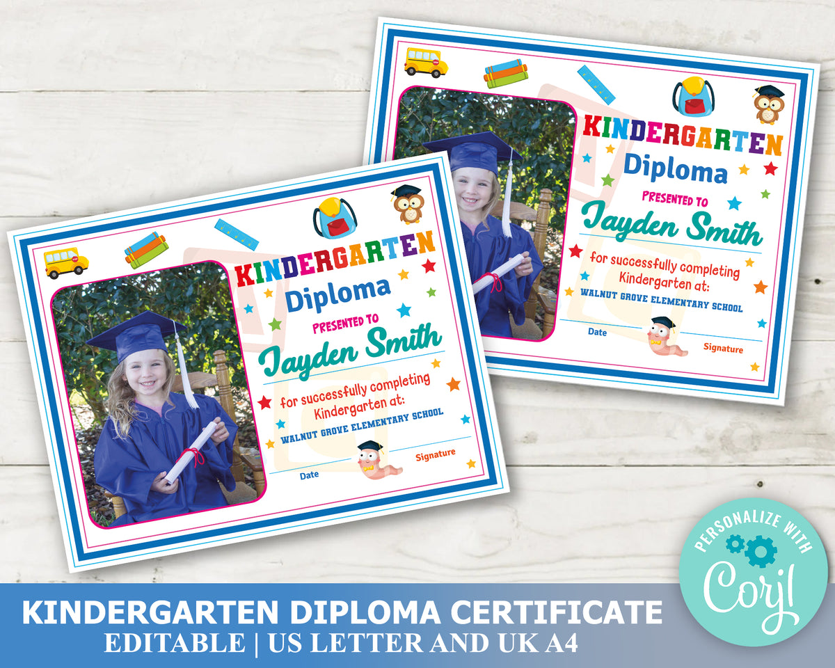 Kindergarten Diploma with Photo Template, Editable Kindergarten Gradua ...