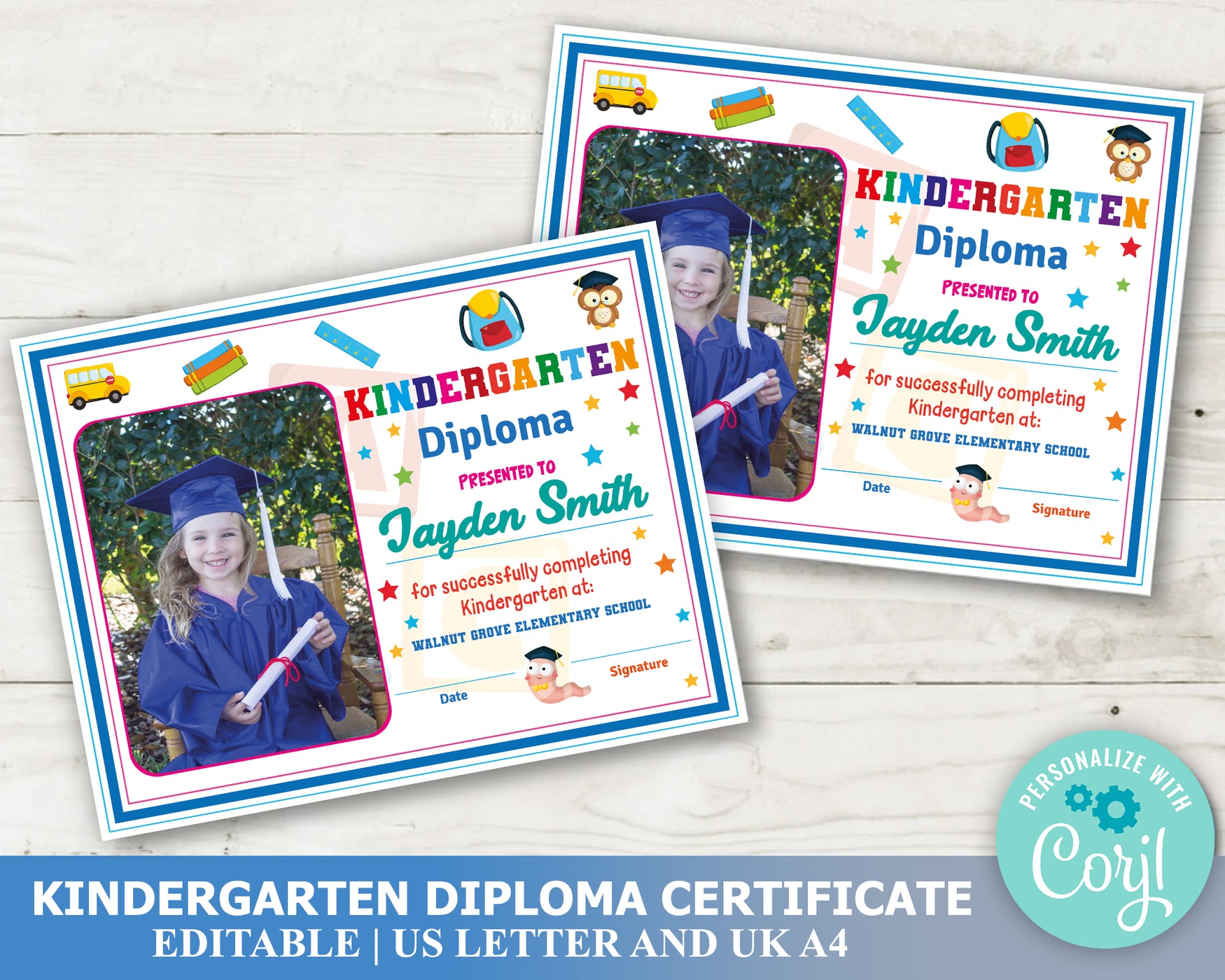 Kindergarten Diploma with Photo Template, Editable Kindergarten Gradua ...