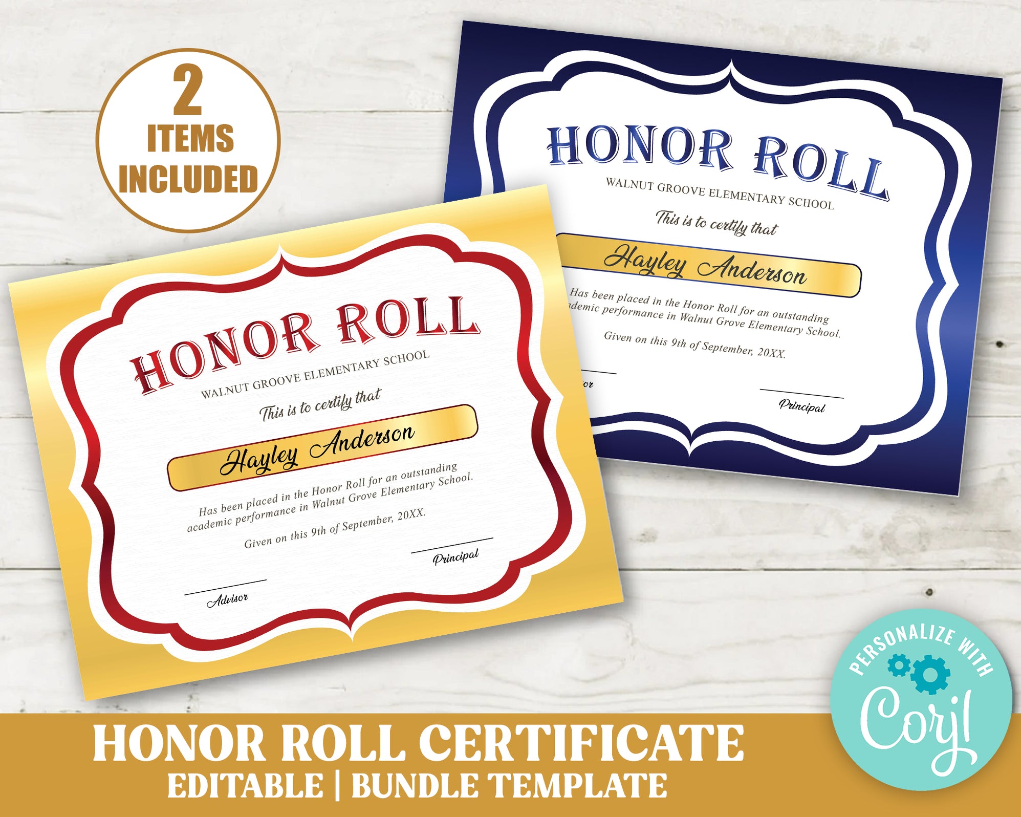 Editable Honor Roll Award Beige and Blue Certificate Template , Set of ...
