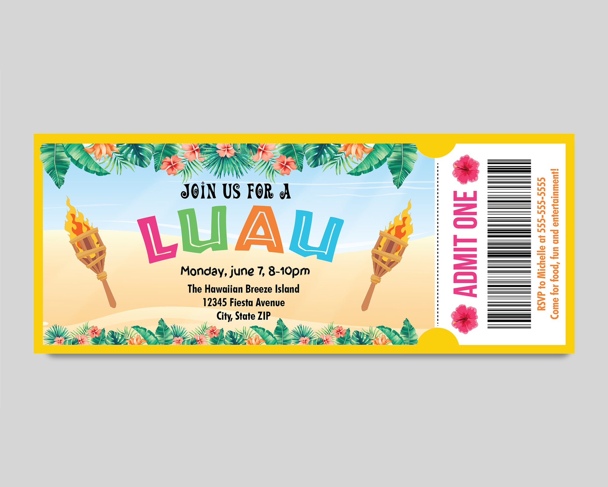 Editable Luau Ticket Invitation Template | Hawaiian Tropical Party ...