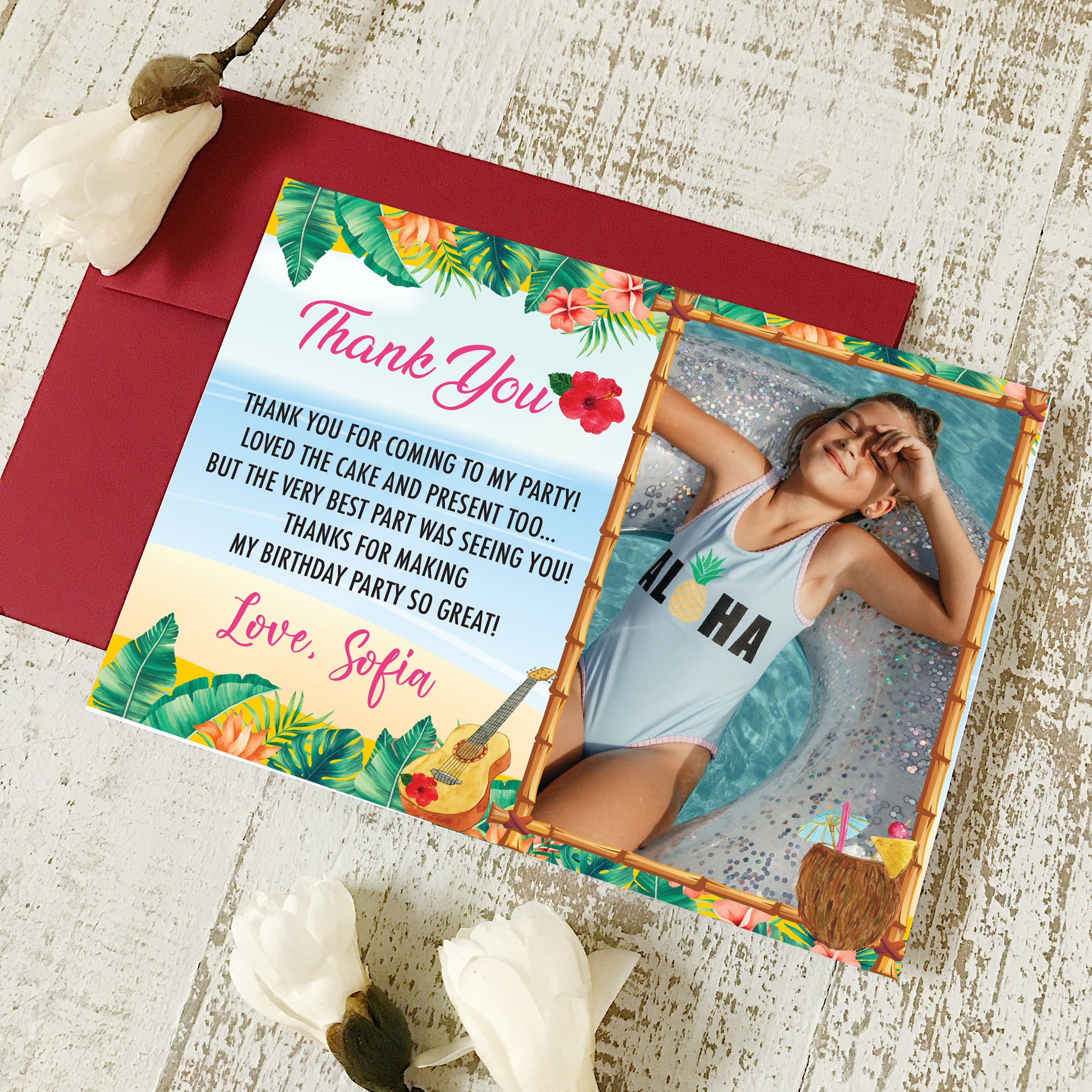 Editable Luau Thank You Card With Photo | Hawaiian Tropical Thank You ...