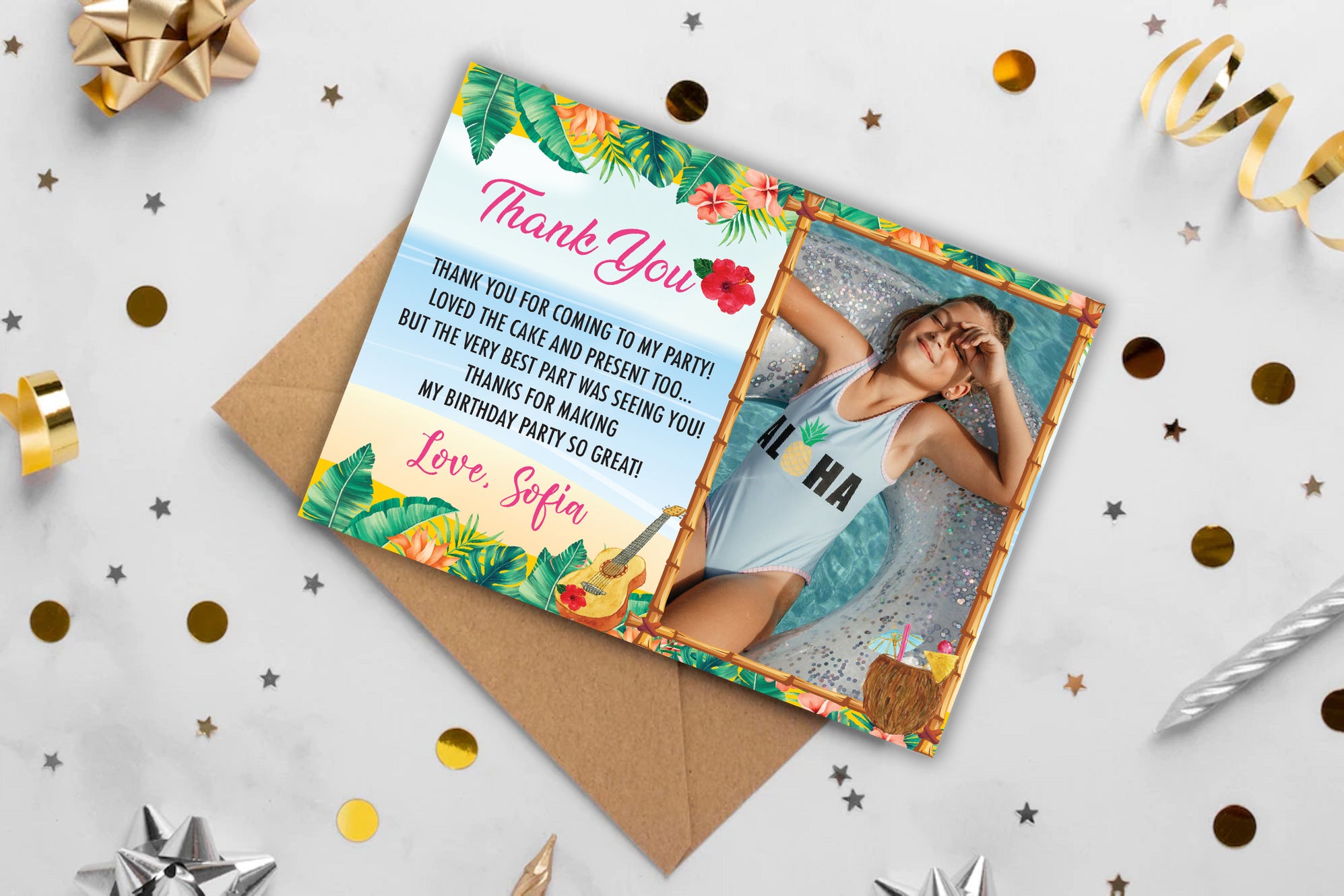 Editable Luau Thank You Card With Photo | Hawaiian Tropical Thank You ...