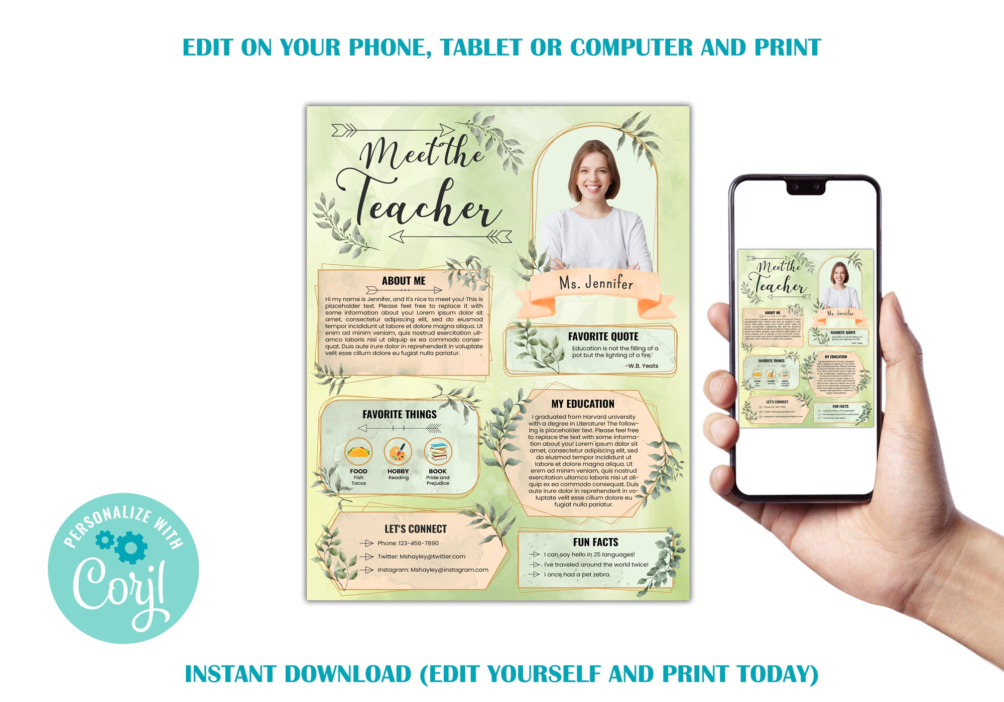 Meet the Teacher Editable Template, Printable Teacher Letter with Phot ...