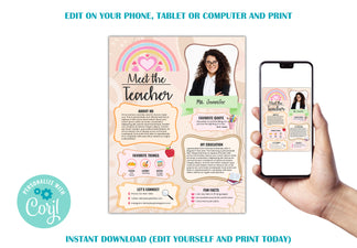 Meet the Teacher Template Rainbow, Editable Back To School Coral Photo ...