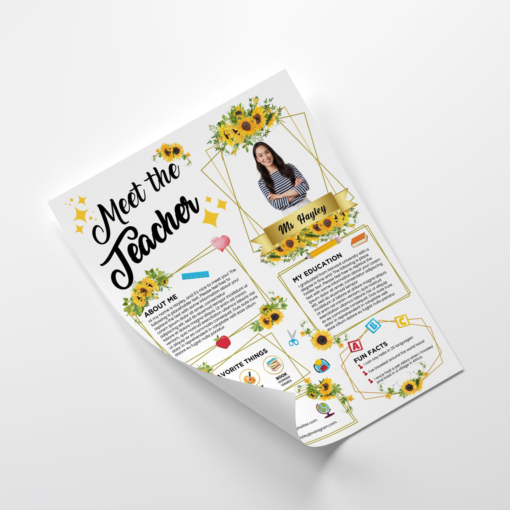 Meet The Teacher Template Sunflower White Background, Editable Back to ...