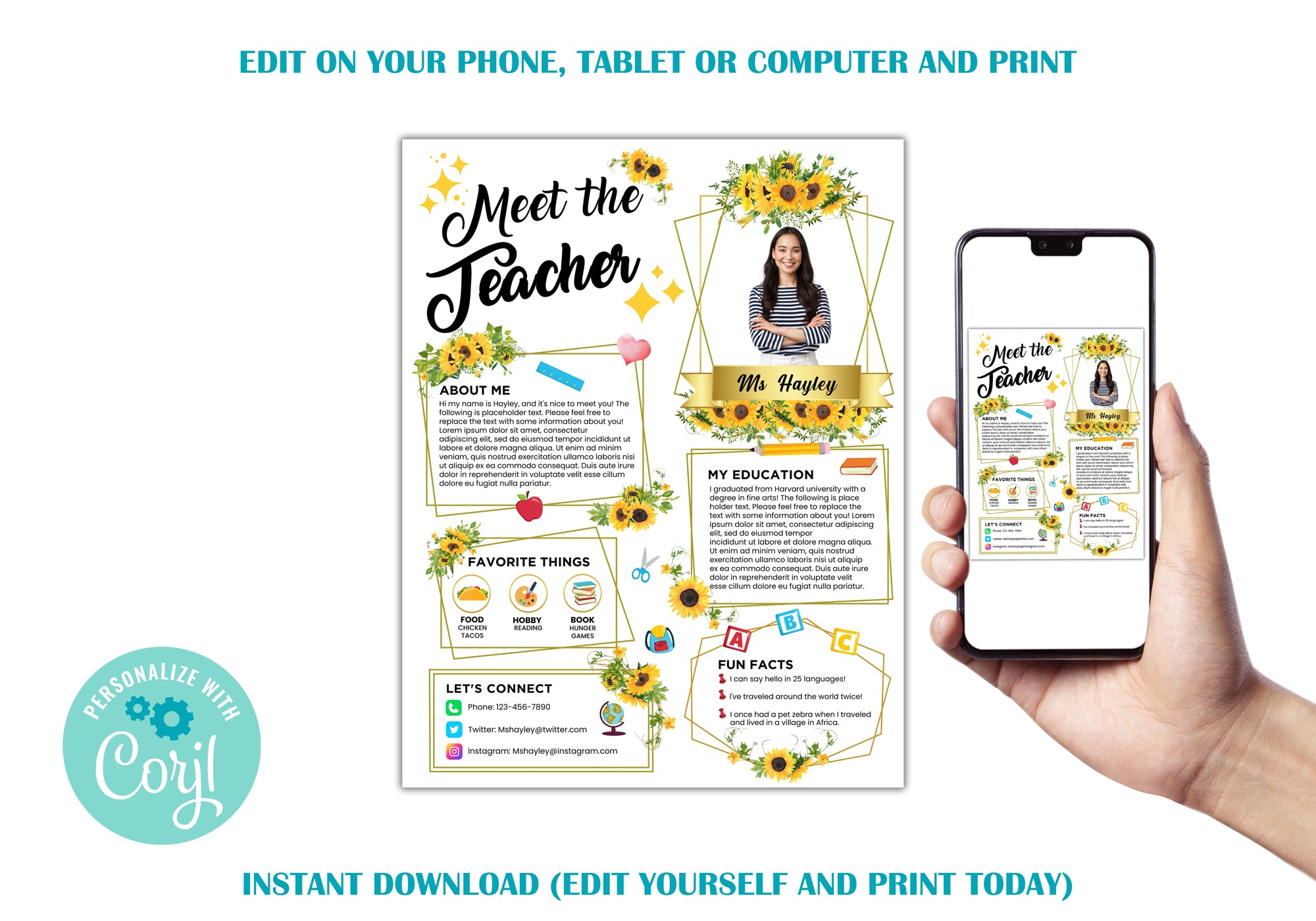 Meet The Teacher Template Sunflower White Background, Editable Back to ...