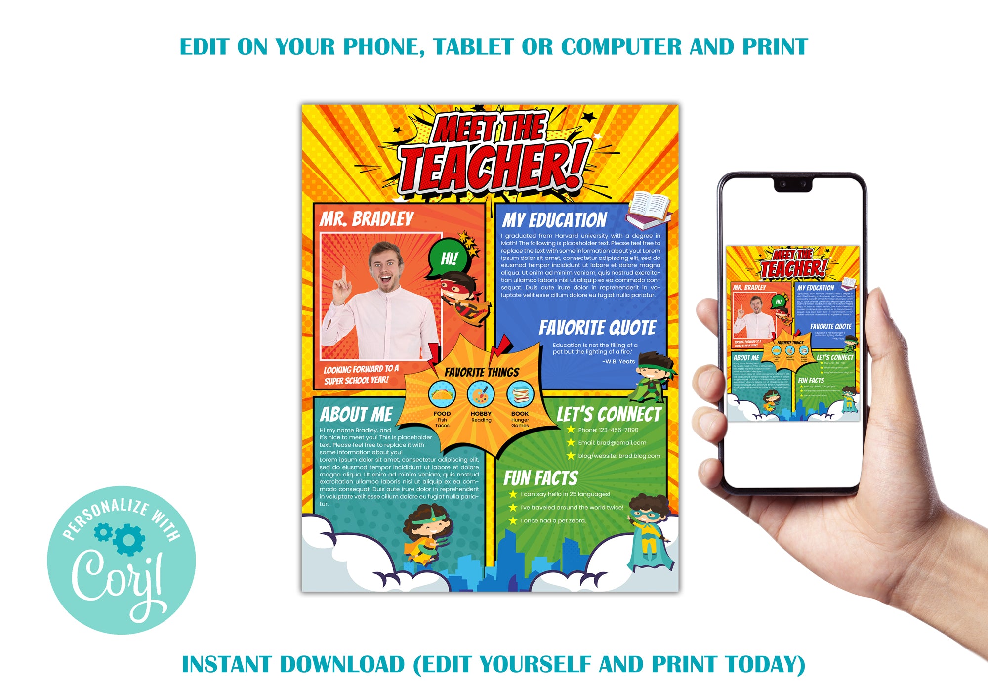 Meet The Teacher Template Superhero Theme, Editable Photo Teacher News ...