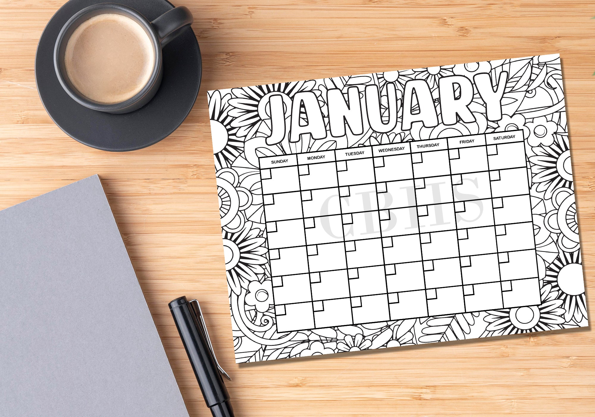 PDF Flower Pattern 12 Month Coloring Calendar, Printable Floral Colori ...