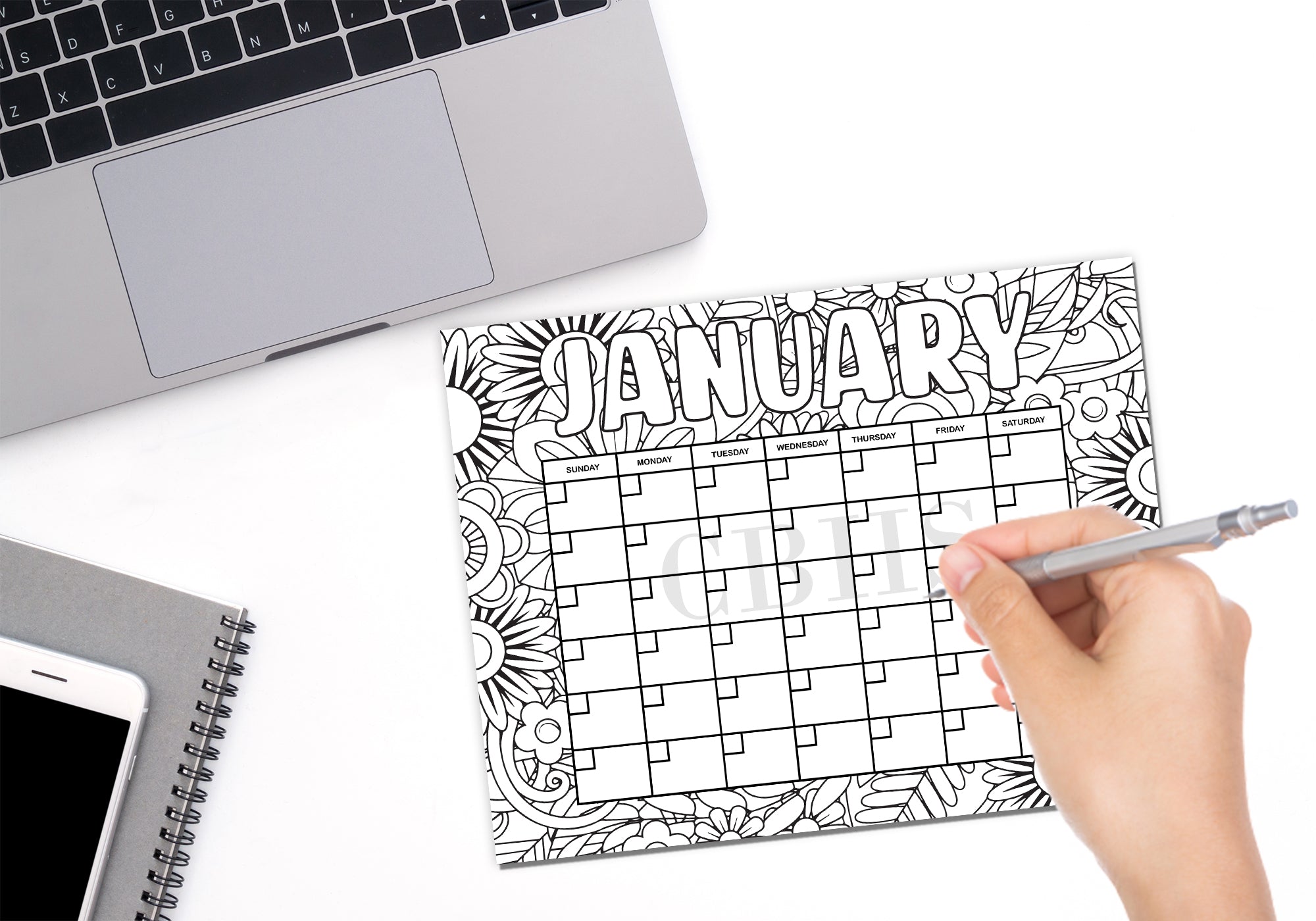 PDF Flower Pattern 12 Month Coloring Calendar, Printable Floral Colori ...