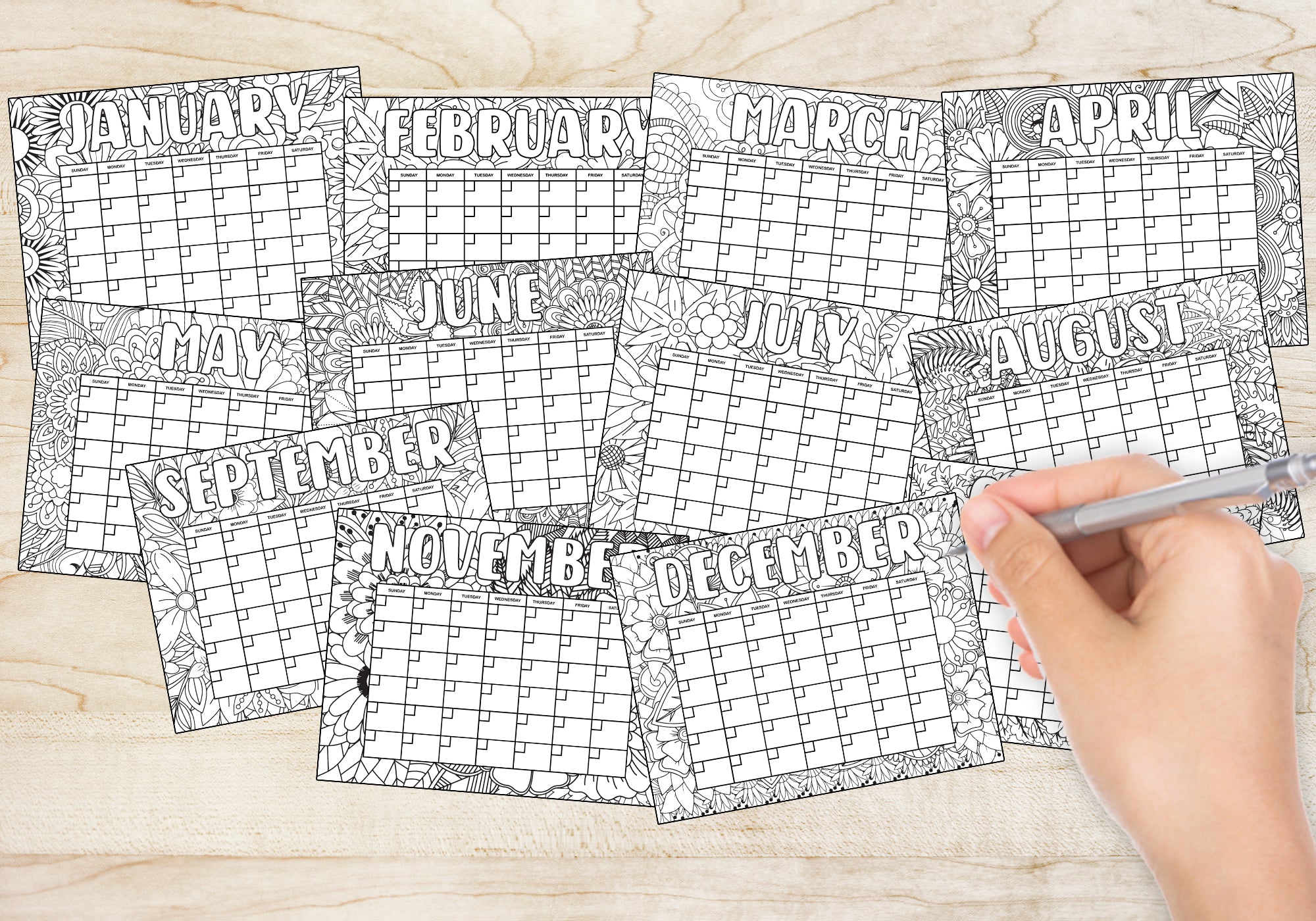 PDF Flower Pattern 12 Month Coloring Calendar, Printable Floral Colori ...
