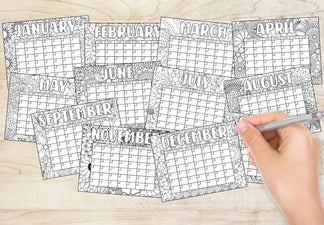 PDF Flower Pattern 12 Month Coloring Calendar, Printable Floral Colori ...
