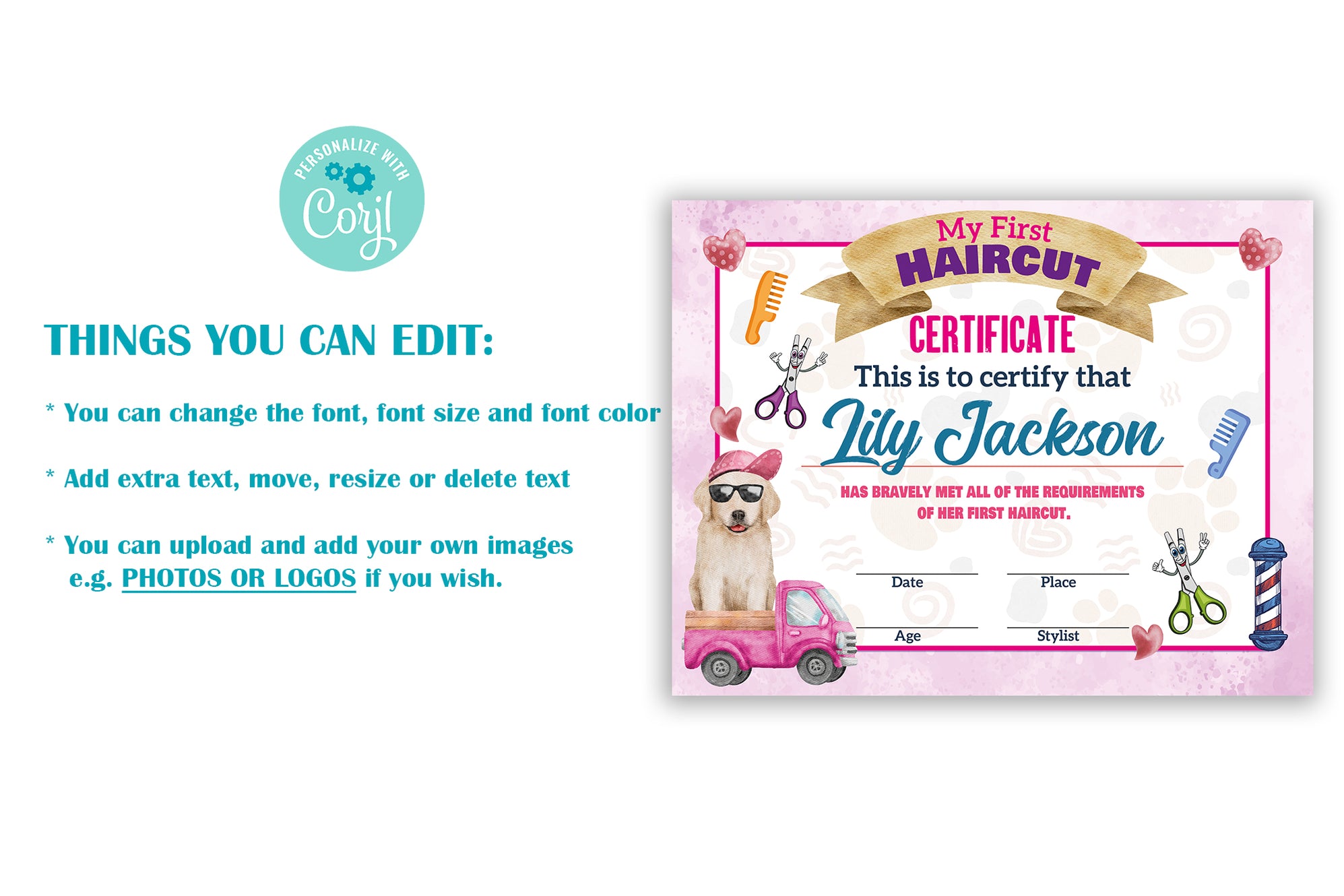 DIY First Haircut Certificate for Girls, Editable Pink Haircut Keepsak ...