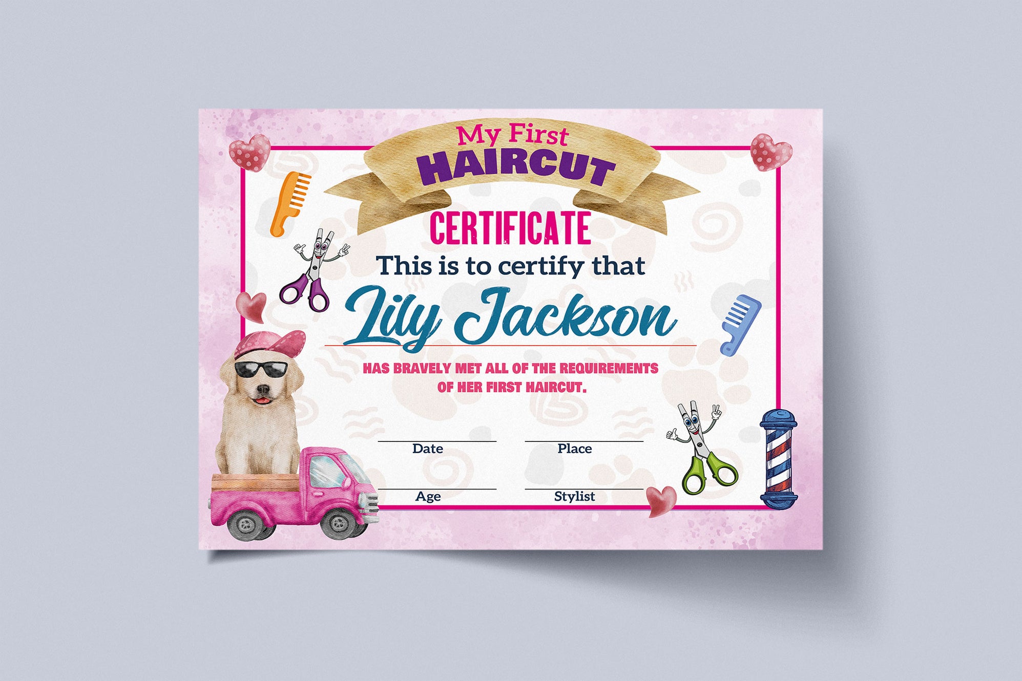 DIY First Haircut Certificate for Girls, Editable Pink Haircut Keepsak ...