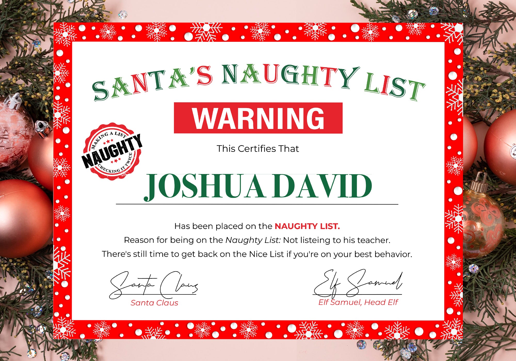 Editable Santa Naughty Behaviour Certificate Template — Posh Park